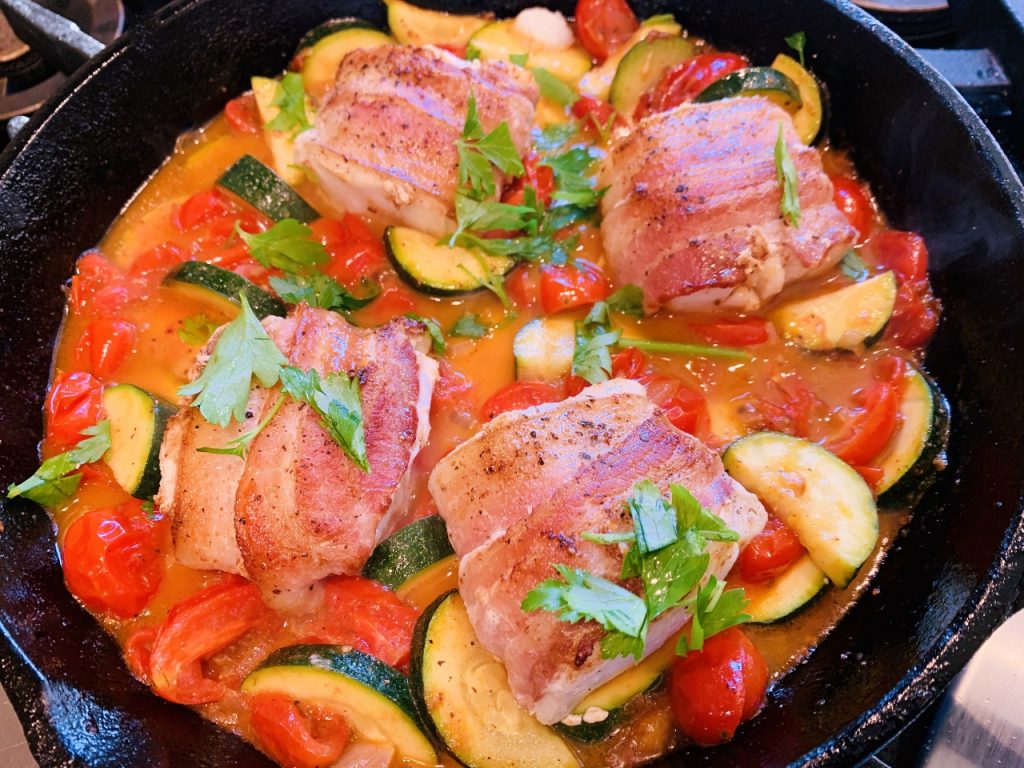 Skillet Bacon-Wrapped Cod with Zucchini & Tomatoes - Recipe! - Live ...